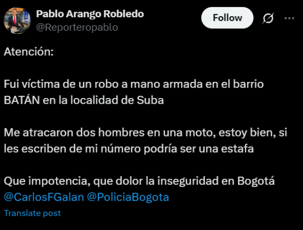 Pablo Arango, presentador de 'Noticias Caracol', contó cómo fue víctima de un robo en Bogotá ...