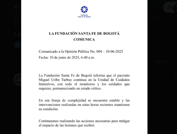 Nuevo parte médico de Miguel Uribe Turbay: Fundación Santa Fe dice que 'permanece en estado ...