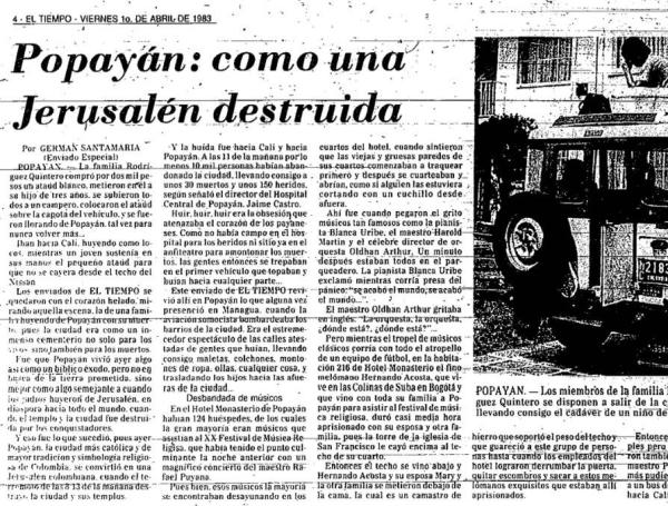 Se cumplen 37 años del terremoto que destruyó Popayán en 1983