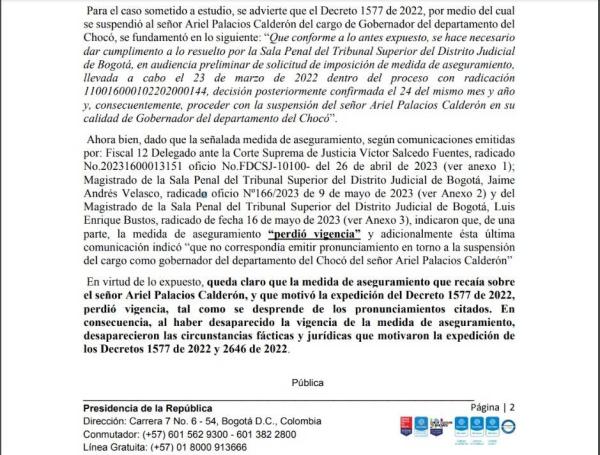 Gobernación del Chocó: Presidencia cambió postura sobre Ariel Palacios