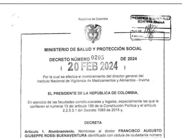 Nuevo director del Invima, Francisco Rossi, se posesiona este 23 de febrero