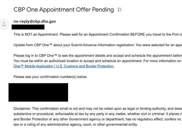 ¿Cómo se ve el correo de CBP One cuando le confirman una cita? Imágenes reales