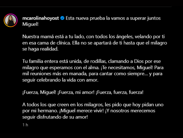 Conmovedor mensaje de María Carolina Hoyos, hermana de Miguel Uribe Turbay: 'Nuestra mamá está a ...
