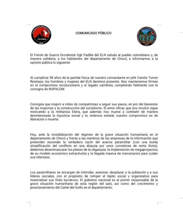 Eln anuncia paro armado de 72 horas en el Chocó: esto dice el comunicado