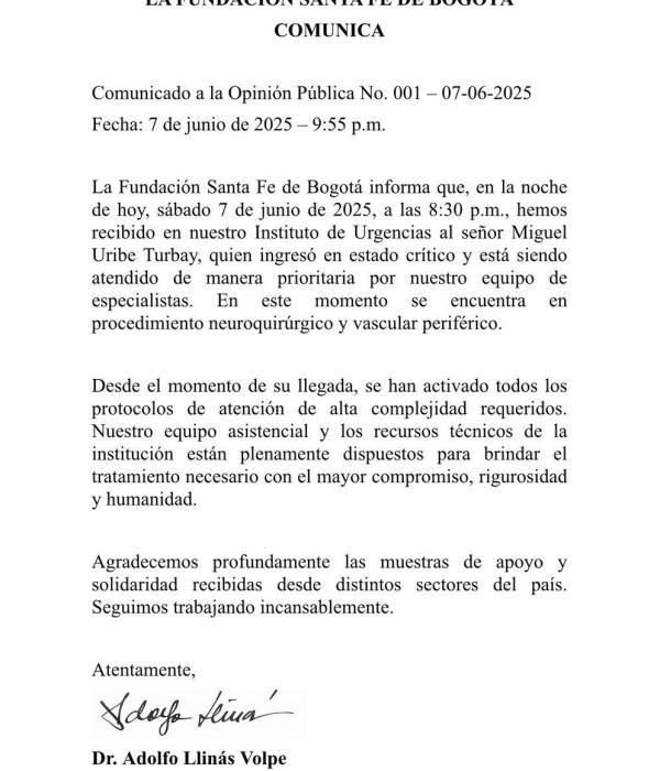 Atentado contra Miguel Uribe Turbay EN VIVO: el senador fue trasladado a la Clínica Santa Fe en ...