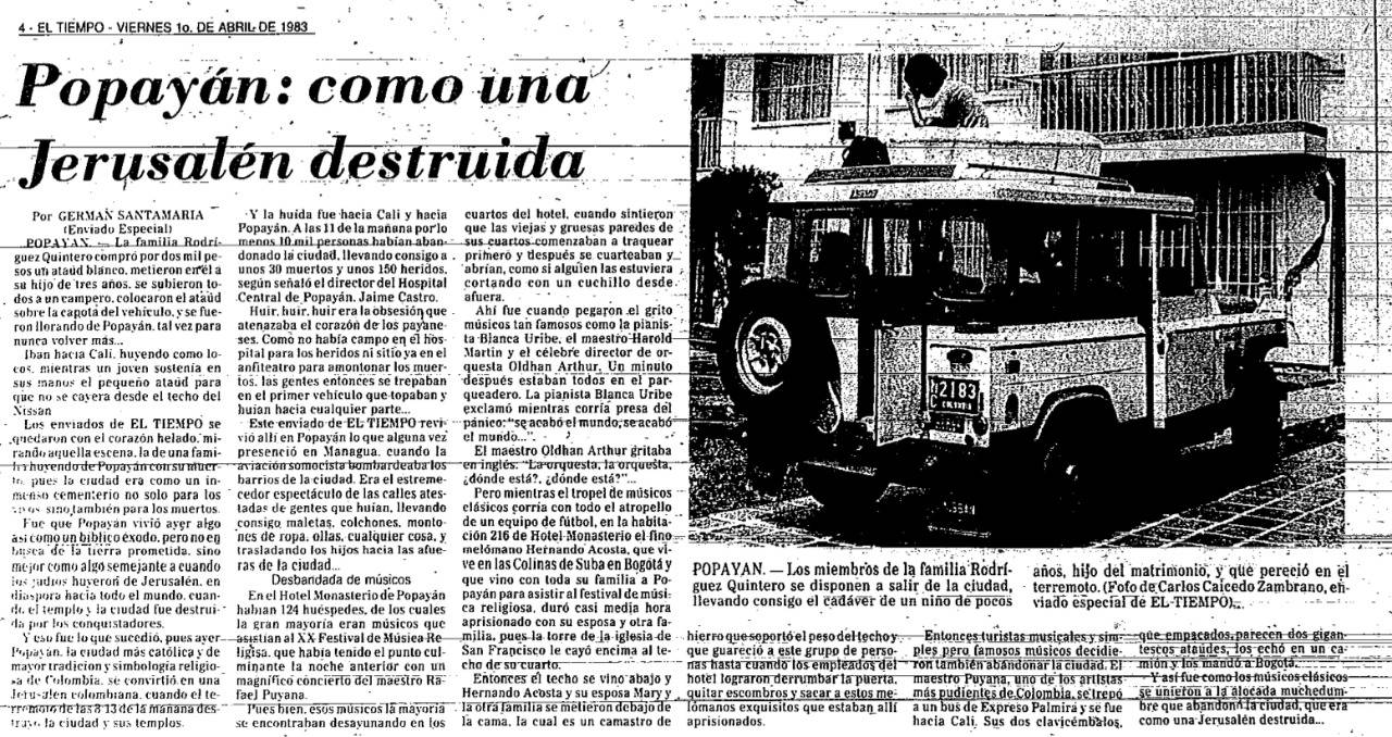 Se cumplen 37 años del terremoto que destruyó Popayán en 1983