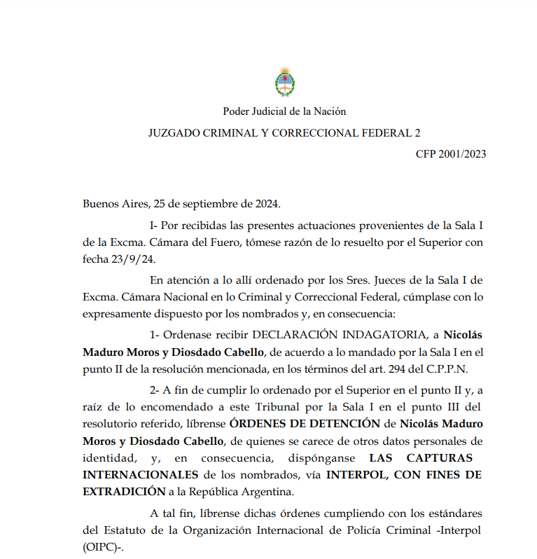 Argentina formaliza orden de captura contra Nicolás Maduro y solicita alerta internacional a ...