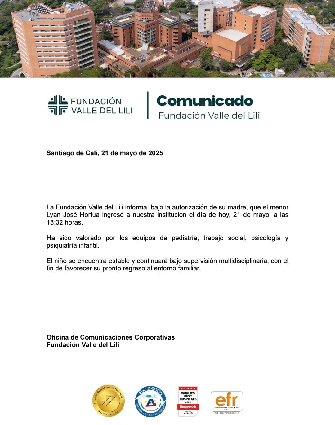 Clínica Valle del Lili entrega primer parte médico del menor Lyan ...