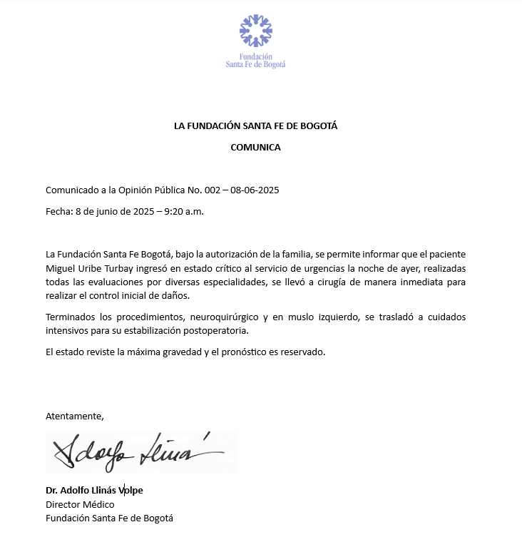 Estado de salud de Miguel Uribe es de ‘máxima gravedad’, según comunicado de la Fundación Santa Fé
